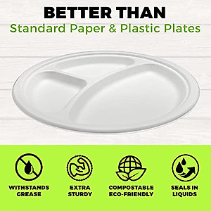 NYHI Heavy Duty Compartment Plates | 10 Inch Disposable 3 Compartment Divided Plates For Adults & Kids | White Eco Friendly Sugarcane Paper Plates Are Cut & Leak Resistant | 125 Pack (3 Compartment)