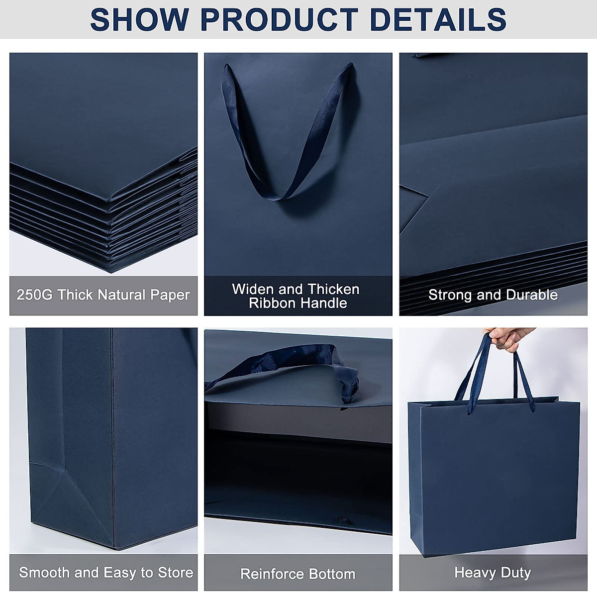 Umoofine Large Navy Blue Gift Bag with Ribbon Handles 12 Pack, 12.6x4.5x11 inches Extra Large Navy Gift Bag , Reusable Heavy Duty Kraft Navy Blue Kraft Bag Paper Bags Bulk for Shopping, Gift, Retail