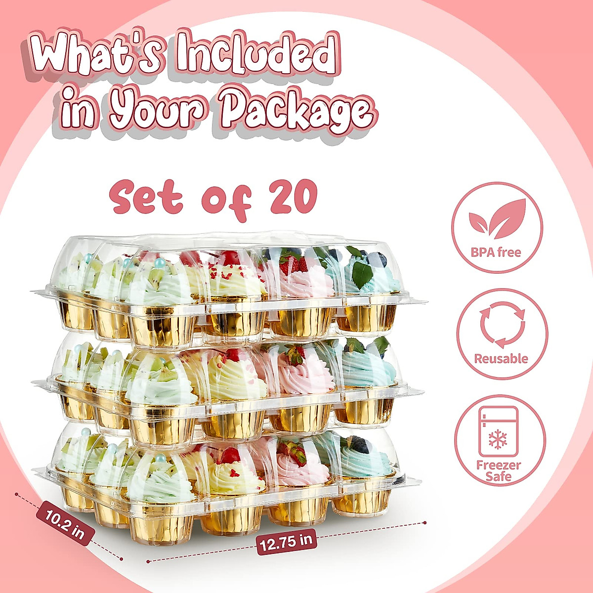 (12 Pack x 20 Sets) Gencywe Stackable Cupcake Carrier with 240 Pack Cupcake Liners, Plastic Cupcake Boxes Holders for 12 Cupcakes, High Tall Dome Lid Cupcake Containers, Clear Disposable Cupcake Trays