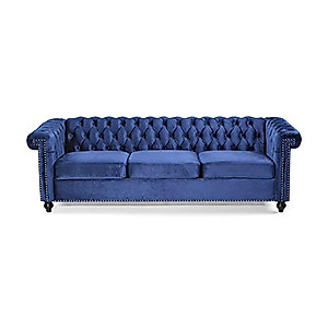 Great Deal Furniture Laura Tufted Chesterfield Velvet 3 Seater Sofa, Midnight Blue and Dark Brown