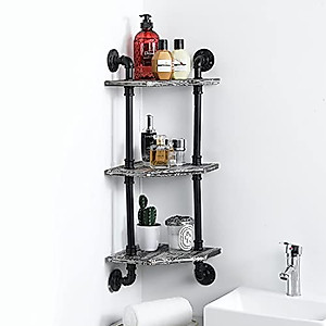 MyGift Wall Mounted 3 Tier Rustic Torched Solid Wood Corner Shelf Unit, Hanging Display Bathroom Shelves with Industrial Metal Pipe Frame