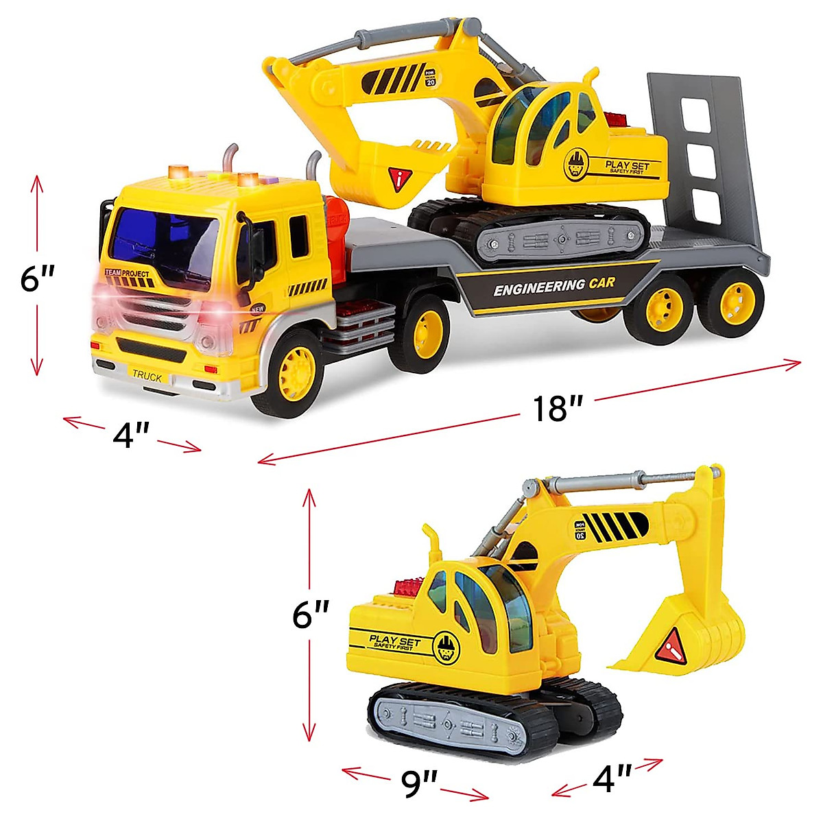 TOYTHRILL Tow Truck with Excavator Toy for Boys 2+ Year Old, Construction Truck Toy with Excavator, Semi Truck with Lights and Sounds, Flatbed Truck Toy Push and Go Construction Vehicle for Kids
