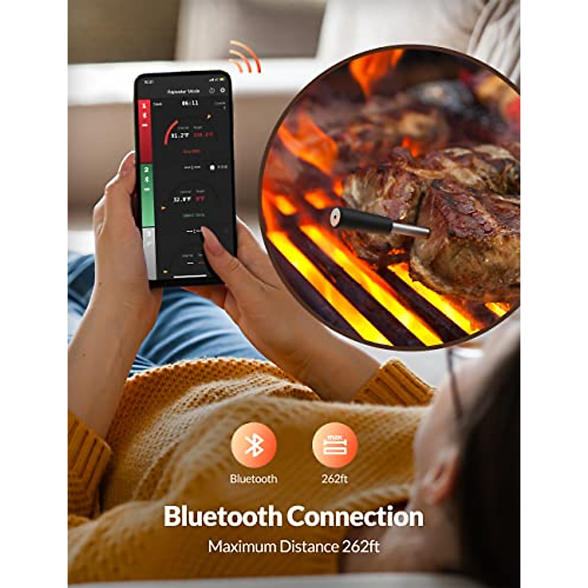 Smart Meat Thermometer, OSCEVIA 2-Probe Food Thermometer with Smart Alert, 262ft Wireless Range, IP67 Waterproof, Magnetic Design for BBQ, Kitchen, Air Fryer, Garden, Oven, Grill, Rotisserie