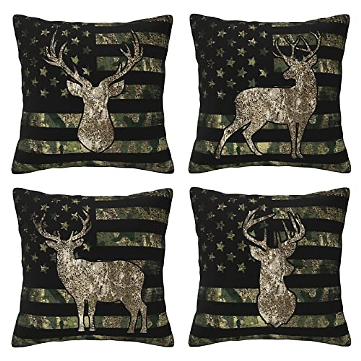 Gianlaima Camo Camouflage Hunting Deer American Flag Painting Set of 4 Decorative Throw Pillow Cases Sofa Cushion Covers for Couch Bedroom Living Room Car Home Decor