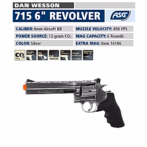 ASG Dan Wesson 715 6" Silver 6mm Airsoft Revolver - CO2 Powered, Full Metal, Adjustable Hop-Up, Double Action - Includes Speed-Loader & 6 Cartridges