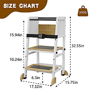YAKANJ Toddler Standing Tower,Toddler Kitchen Stool Helper,Step Stool for Toddler Kids,Wooden Standing Tower with Adjustable Height,Anti-Slip Protection,Safety Belt-Wood