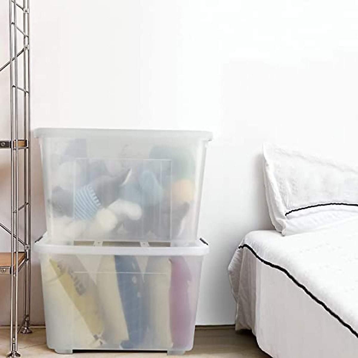 Waikhomes 4 Pack Large Plastic Storage Boxes, Large Lidded Storage Bins with Wheels, 70 L