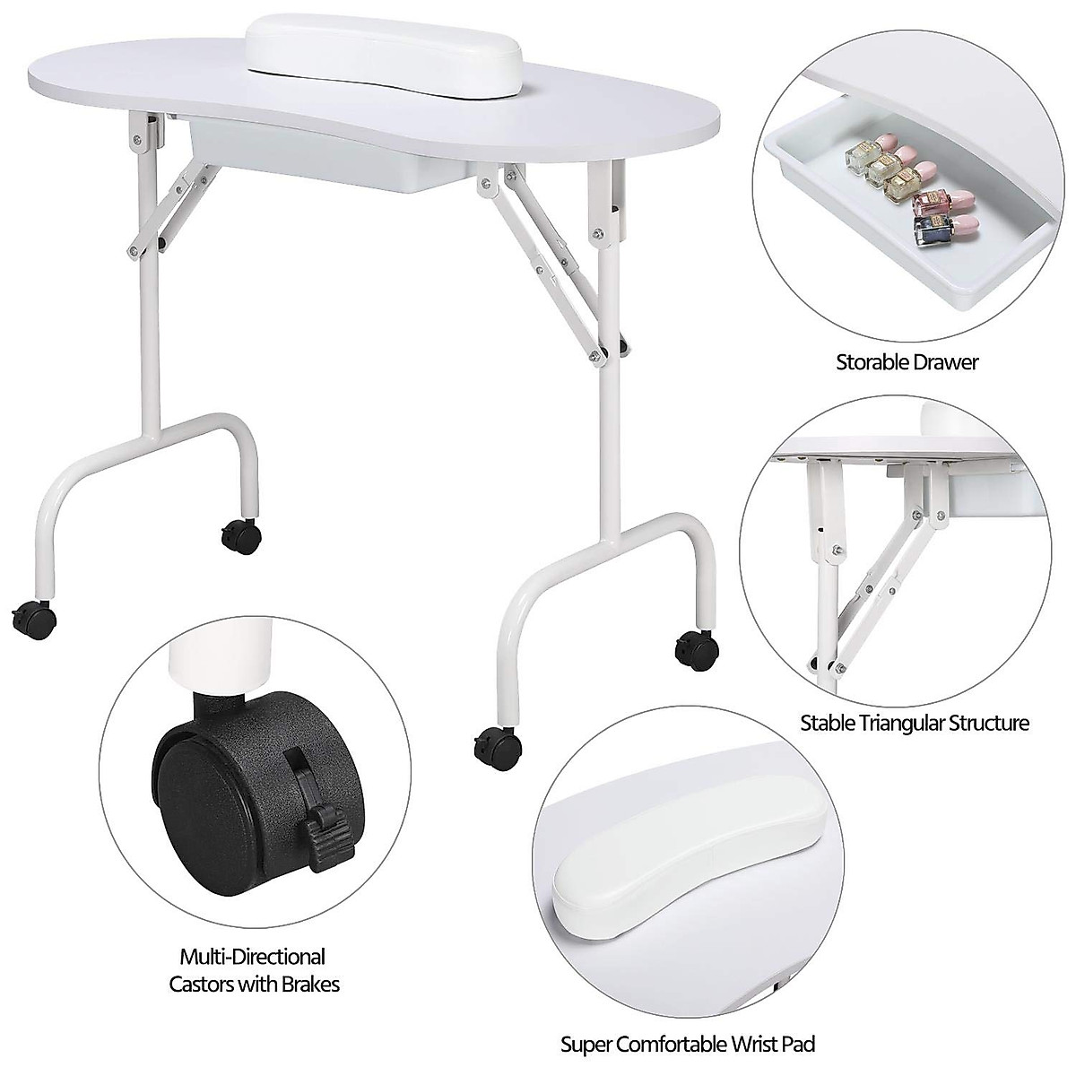 Yaheetech 37-inch Portable & Foldable Manicure Table Nail Desk Workstation with Large Drawer/Client Wrist Pad/Controllable Wheels/Carrying Case for Spa Beauty Salon White, 1 Count (Pack of 1)