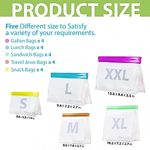 Triple-M7® 20 X Pcs Reusable Freezer Bags Bolsas de silicona reutilizables Reusable Gallon Bags Reusable Leakproof Storage SetsSilicone Food Bags 4 Gallon +4 Sandwich +4 Snack +4 Lunch +4 Travel Jewe
