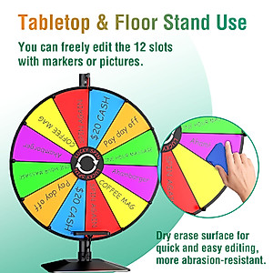 24" Prize Wheel - Dual Use Tabletop or Height Adjustable Floor Stand Heavy Duty Spinner Wheel of Fortune with 12 Slots & Dry Erase & Eraser for Carnival, Trade Show, Fortune Spinning Game
