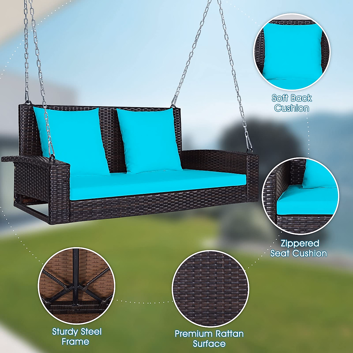 Tangkula 2-Person Wicker Hanging Porch Swing, Patiojoy Outdoor Rattan Swing Bench W/ 2 Back Cushions & 1 Seat Cushion, Sturdy Steel Chain, 800lbs Weight Capacity, Suitable for Deck, Backyard, Garden