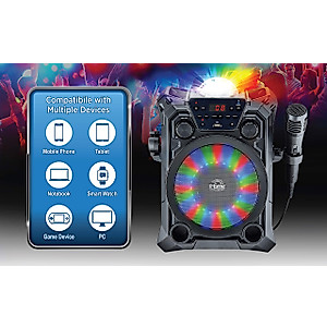 iHome Karaoke Machine with Bluetooth Speaker and Wired Microphone Designed for Kids and Adults, Includes USB Recording Feature and Party Lights