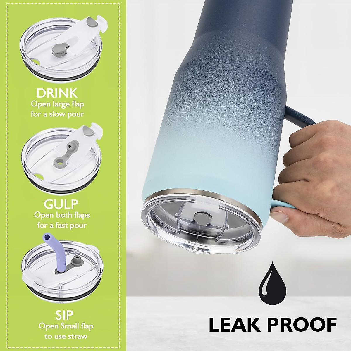 Zukro 50 oz Mug Tumbler With Handle and Straw, Vacuum Insulated Stainless Steel Large Cup with Lid,Fit in Cup Holder,No Sweat,Keep Drinks Cold 30 Hours, Dishwasher Safe, Bluewave