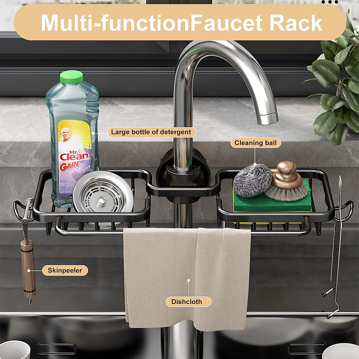 UOWGA Faucet Holder Kitchen Bathroom Faucet Holder Faucet Sponge Holder Kitchen Sink Box Space Aluminum Removable Faucet Holder Double Sink with Hooks (Black)
