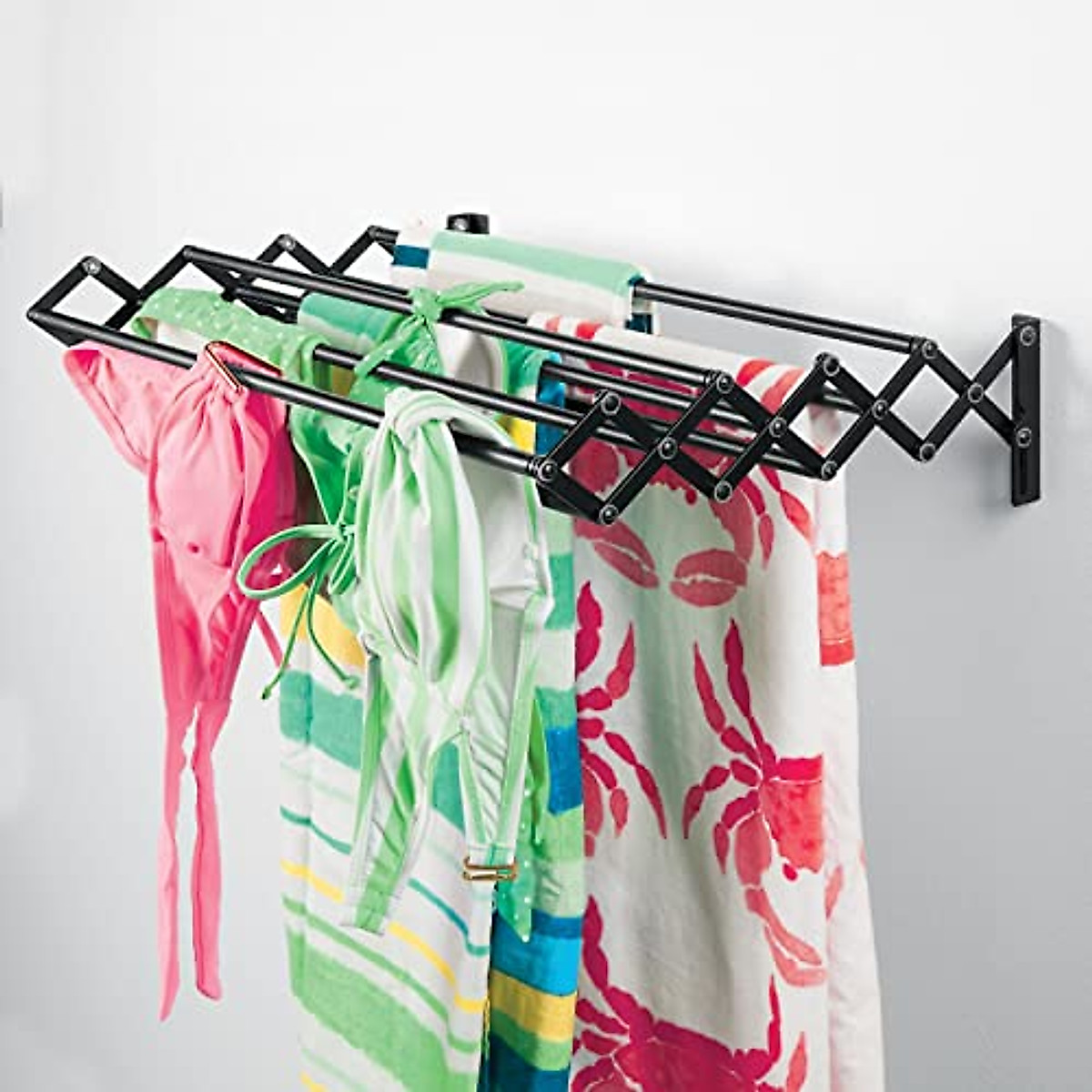 mDesign Steel Wall Mount Accordion Expandable Retractable Clothes Air Drying Rack - 8 Bars for Hanging Garments - Mounted Organizer for Laundry/Utility Room, Bathroom, Garage, Bardo Collection, Black