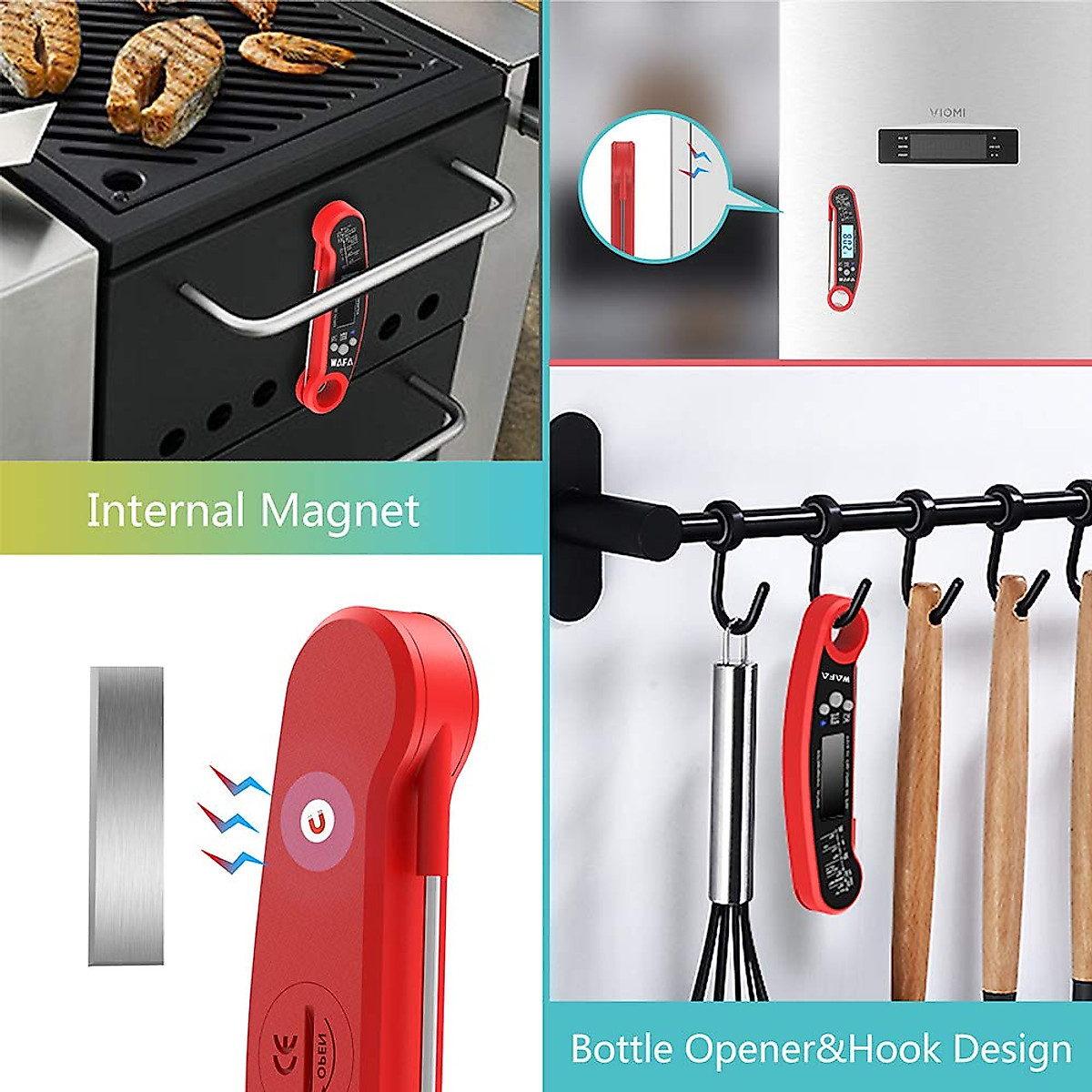 WAFA Instant Read Meat Thermometer, Waterproof Ultra Fast Cooking Thermometer with Bottle Opener Backlight and Calibration, Digital Food Thermometer for Kitchen, Outdoor Cooking, Grill and BBQ