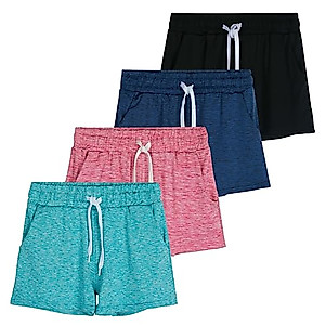 Real Essentials 4 Pack: Girls Active Athletic Performance Dry Fit Short Running Sports Shorts Soccer Tennis Summer Basketball Lounge Casual Sleep Bottoms Gym Workout Kids Dolphin - ST 2,M (10-12)
