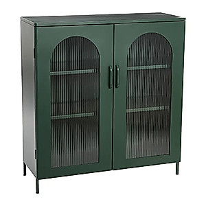 Creative Co-Op Solstice Metal Cabinet with 2 Arched Glass Doors, Dark Green