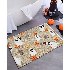 Ouyattle Cute Spooky Halloween Rug 2x3 - Aesthetic Boho Floral Ghost Halloween Bathroom Rugs Funky Gothic Microfiber Bath Mat Non-Slip Washable, Vintage Abstract Spirit Halloween Small Throw Rugs