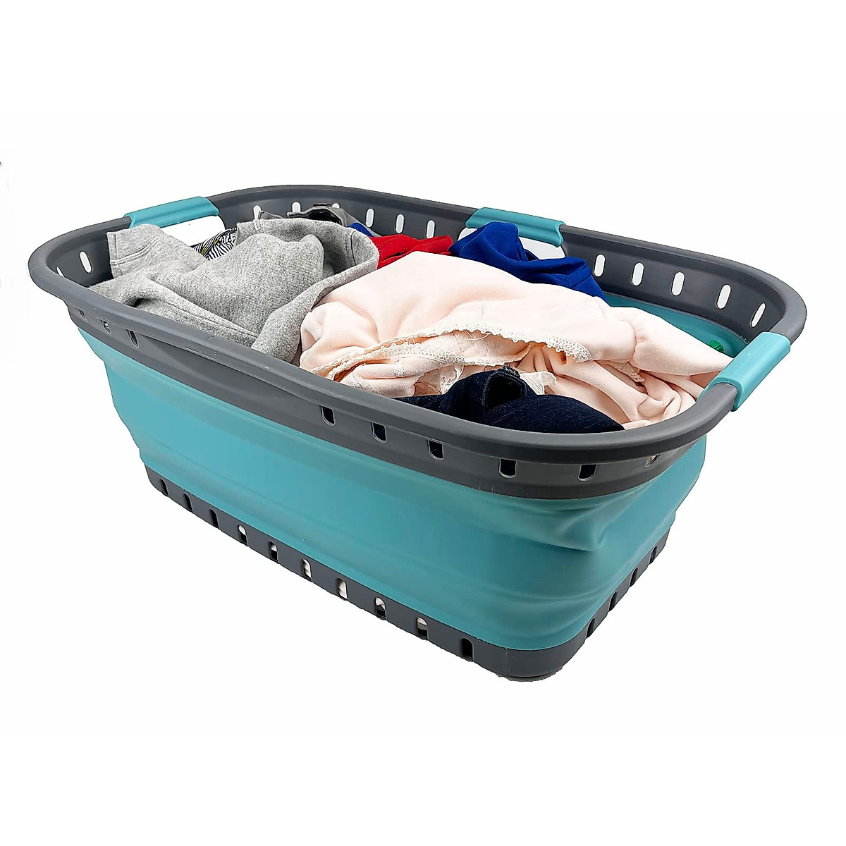 SAMMART 44L (11.6 gallon) Collapsible Plastic Laundry Basket-Foldable Pop Up Storage Container-Portable Washing Tub-Space Saving Hamper, Water Capacity: 35L (9.2 gallon) (Grey/Crystal Blue)