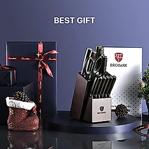BRODARK Kitchen Knife Set with Block, Upgraded NSF (Food Safe) 15 PCS German Stainless Steel Professional Chef Knife Set with Knife Sharpener, Ultra Sharp Full Tang Knife Block Set, Best Gift