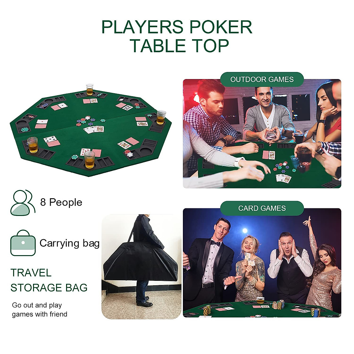 FURUISEN 48" Foldable Poker Table Top, 8-Player Texas Traveller Wood Table Top Poker Layout, Portable Anti-Slip Blackjack Poker Table Mat with Cup Holders for Family Games Casino