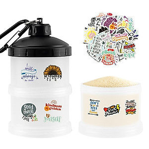 JIANWEI Protein Powder Storage Container, 3 Layer Stackable Leak-proof Formula Dispenser with 50 Inspirational Words Stickers and 1 Keychain, Portable Protein Powder Holder(Black+white)