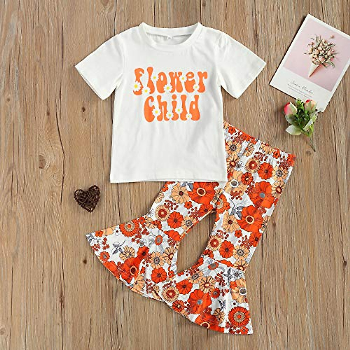 Little Toddler Baby Girl Letter Short Sleeve T-Shirt Tops Floral Flared Bell-Bottom Pants Leggings Kids Summer Outfits Set (White, 4-5 Years)
