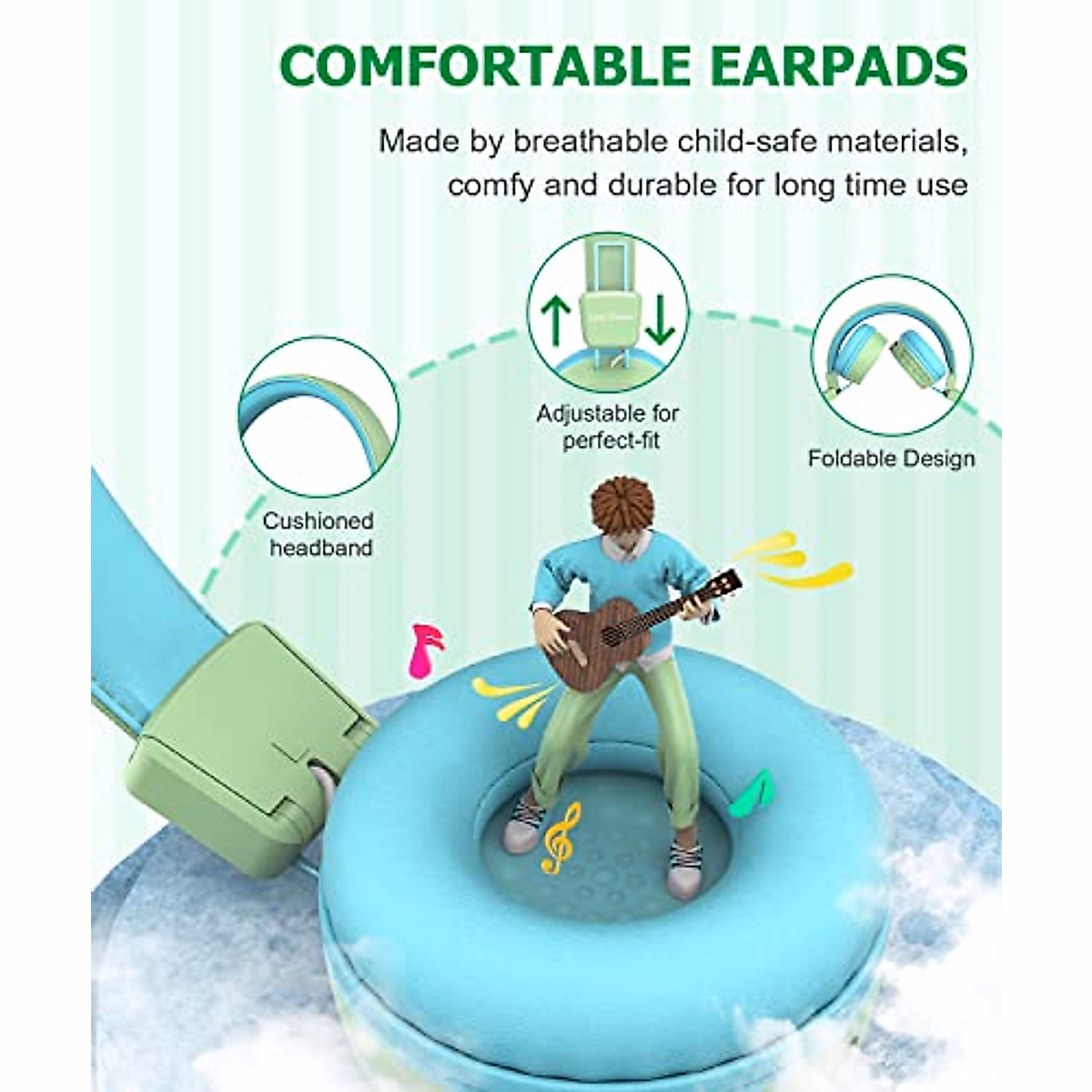 Link Dream Kids Wireless Headphones V5.0 Bluetooth Kids Headphones w/Mic 32H Playtime Soft Padded Stereo Childrens Headphones for Boys Girls School iPad Tablet Cellphons Laptop, Matcha Green