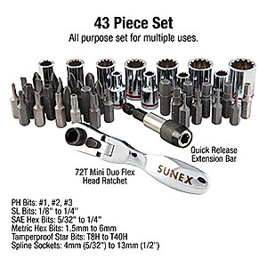 Sunex 9732 44Pc 1/4" Dr Mini Dual Flex Head RATCHET W Socket & Bit Set