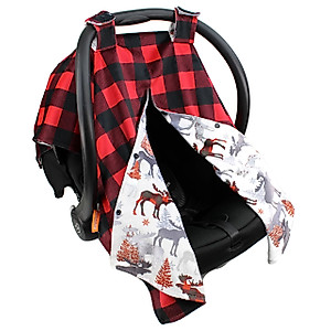 Dear Baby Gear Car Seat Canopy - Unisex Infant Car Seat Cover - Soft and Breathable Fabric - Fits Most Carseats - Winter Moose/Red Black Plaid - 40"x30"