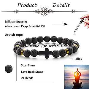 MOZAKA 12Pcs 8MM Cross Beads Bracelet for Men Women Lava Rock Tiger Eye Stone Howlite Stone Stretch Elastic Bracelet Set