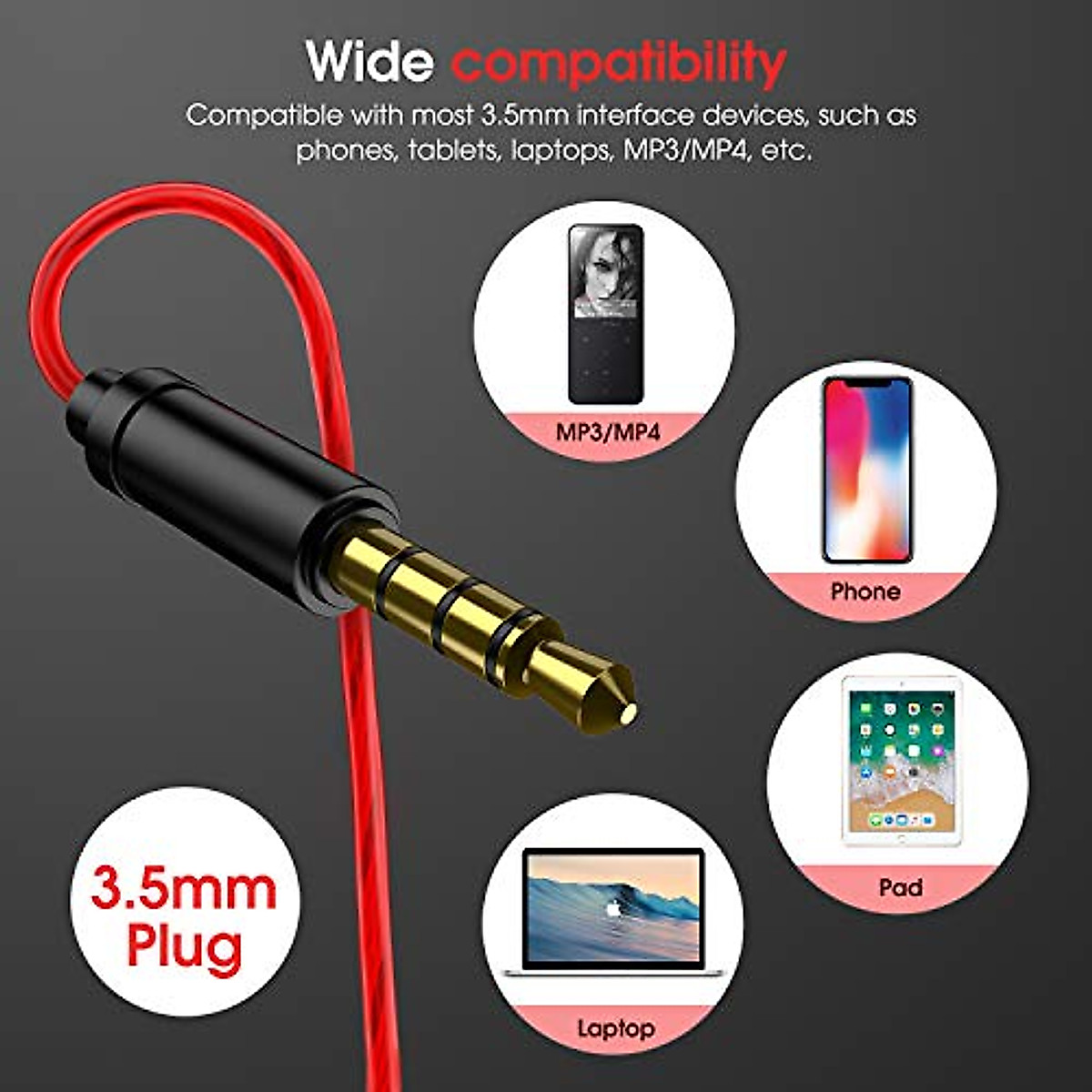 JAAMIRA Sports Wired Earbuds Over Ear Headphones with Microphone -Comfortable in Ear Ear Buds for Kids &Adults -Noise Isolation Earphones 3.5mm Jack for Phone iPhone Computer Runing Workout Gym Red