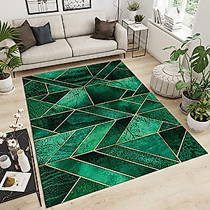 QINYUN Modern Style Area Rug, Emerald Green Gold Line Geometric Indoor Rug, Large Area Rug Facecloth Material Soft and Durable, Suitable for Apartment Bedroom Living Room-6ft×8ft
