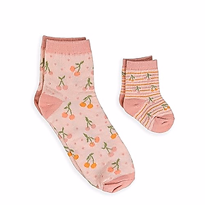 JuJuBe x Studio Oh! Baby Essentials Mama & Me Matching Socks - Mom & Baby Boy/Girl Set, Ankle Socks for Infants 3-12 Months and Adult - Cherry Cute