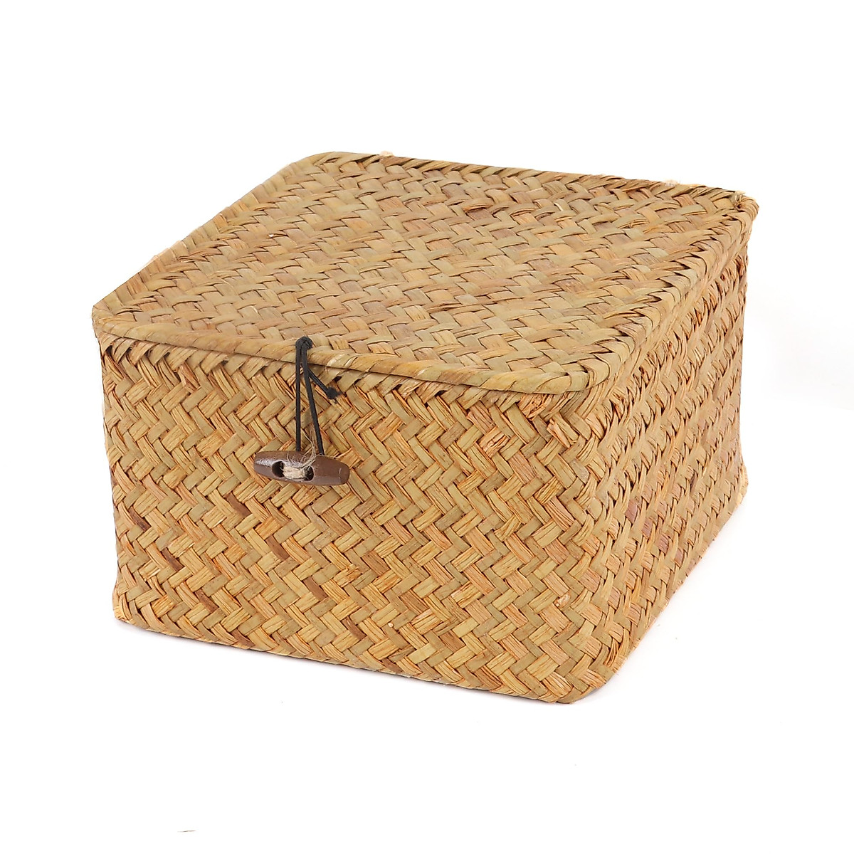 Moosky Wicker Shelf Baskets with Lid, Handwoven Seagrass Storage Basket Bins Square Gift Boxes for Shelves Home Decor Organizer (Natural, X-Small)