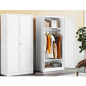 Metal Wardrobe Cabinet with Hanging Rod,White Armoire Wardrobe Closet,Metal Clothing Storage Cabinet with Adjustable Shelves and Doors,72" Wardrobe Storage Cabinet for Home,Living/Laundry Room