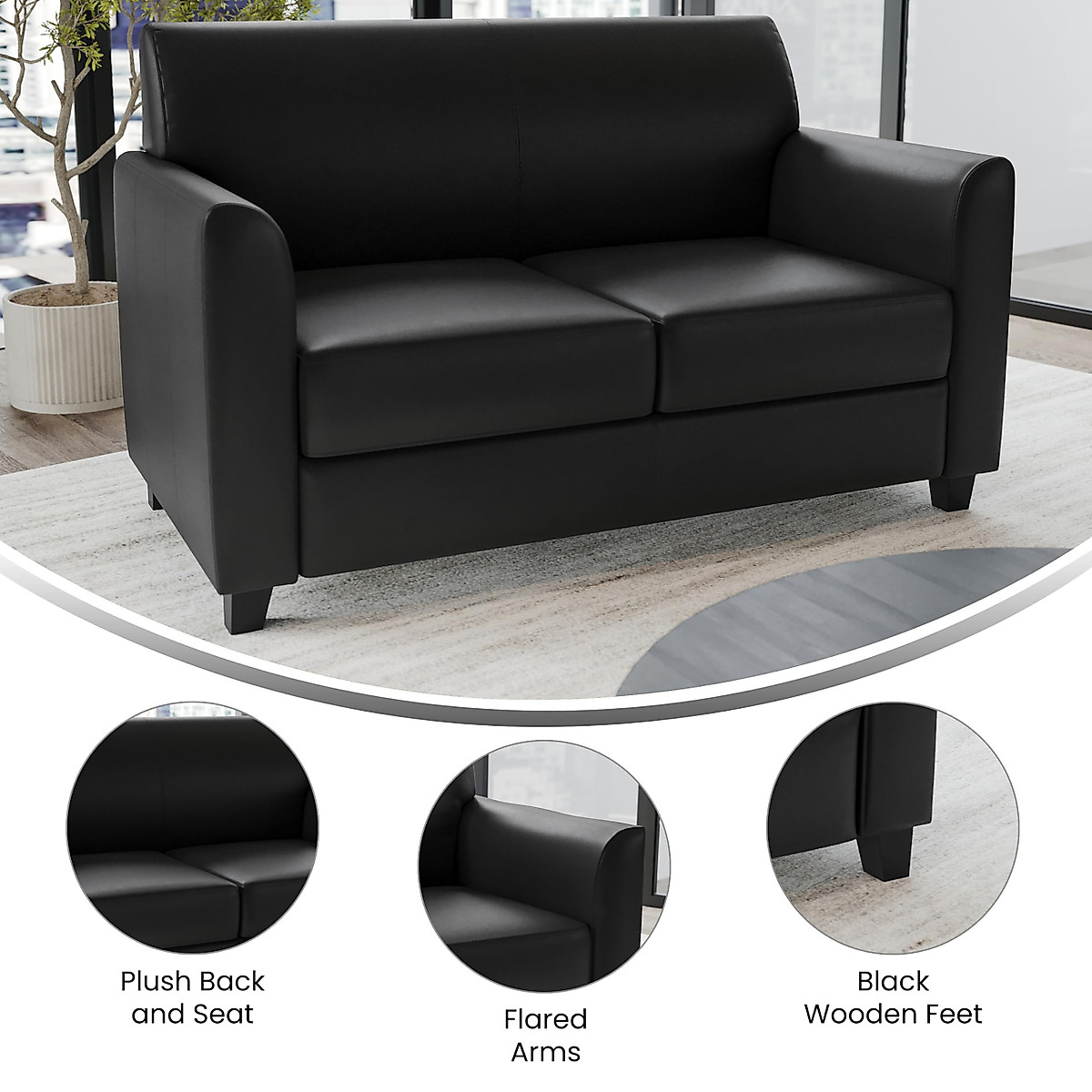 Flash Furniture Hercules Diplomat Series LeatherSoft Upholstered Loveseat, Modern Small Sofa for Living Room or Office, Black