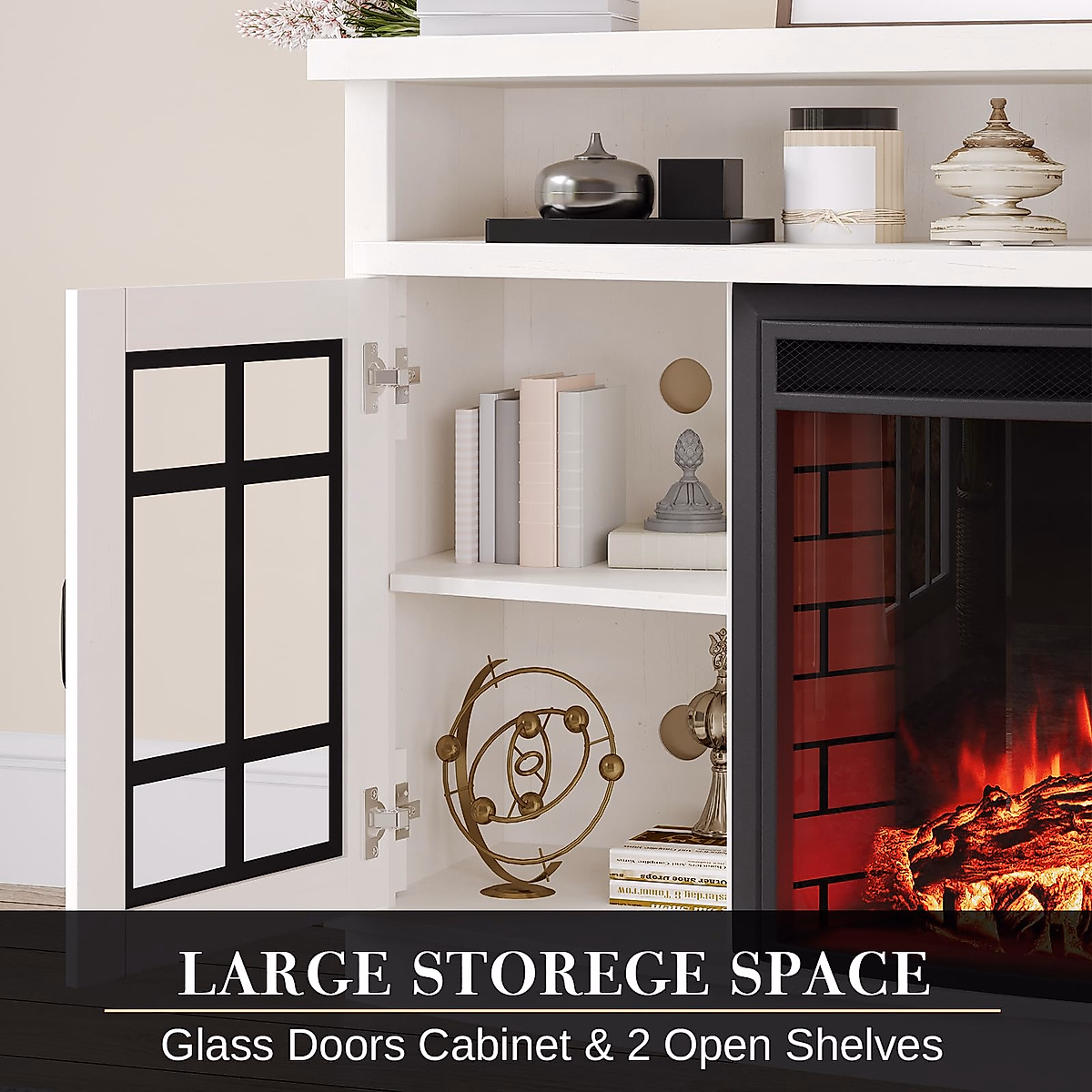 LUXOAK Curved TV Cabinet with 26" Electric Fireplace for TVs up to 65", Media Fireplace TV Console Table with Storage Farmhouse Glass Door, Distressed White