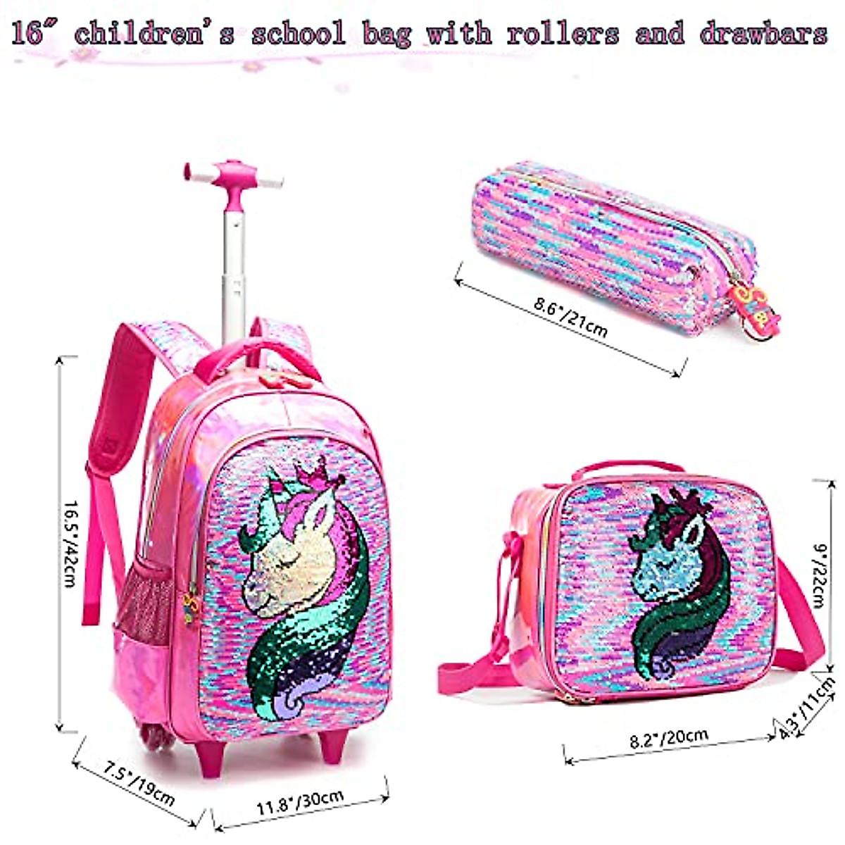 Egchescebo School Kids Rolling Backpack for Girls and Boys With Wheels Trolley Wheeled Backpacks for Girls Travel Bags 3PCS Girls and Boys Backpack With Lunch Box Rose Red