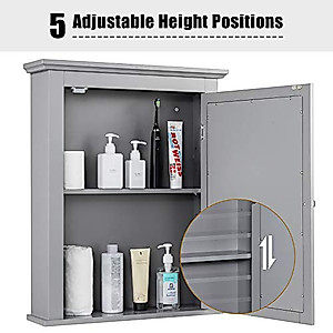 Tangkula Bathroom Cabinet with Mirror, Mirrored Wall-Mounted Storage Medicine Cabinet with Single Door & Adjustable Shelf in 5 Positions, Multipurpose Wall Cabinet for Bathroom Vestibule (Gray)