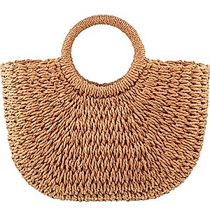 Frienda Straw Tote Bag Summer Beach Bag Handmade Straw Rattan Woven Handbag for Women Travel (Khaki, 12.6 x 7.87 x 8.66 Inch)