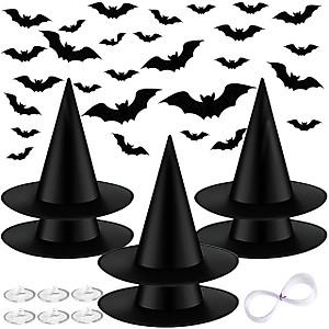 OCTERIC 6 Pcs Halloween Black Witches Hats 16 Pcs 3D Bats, Floating Witch Hat Costume Accessories Wizard Hats Bulk for Women Kids Porch Decorations Indoor Outdoor Decor Party Favors