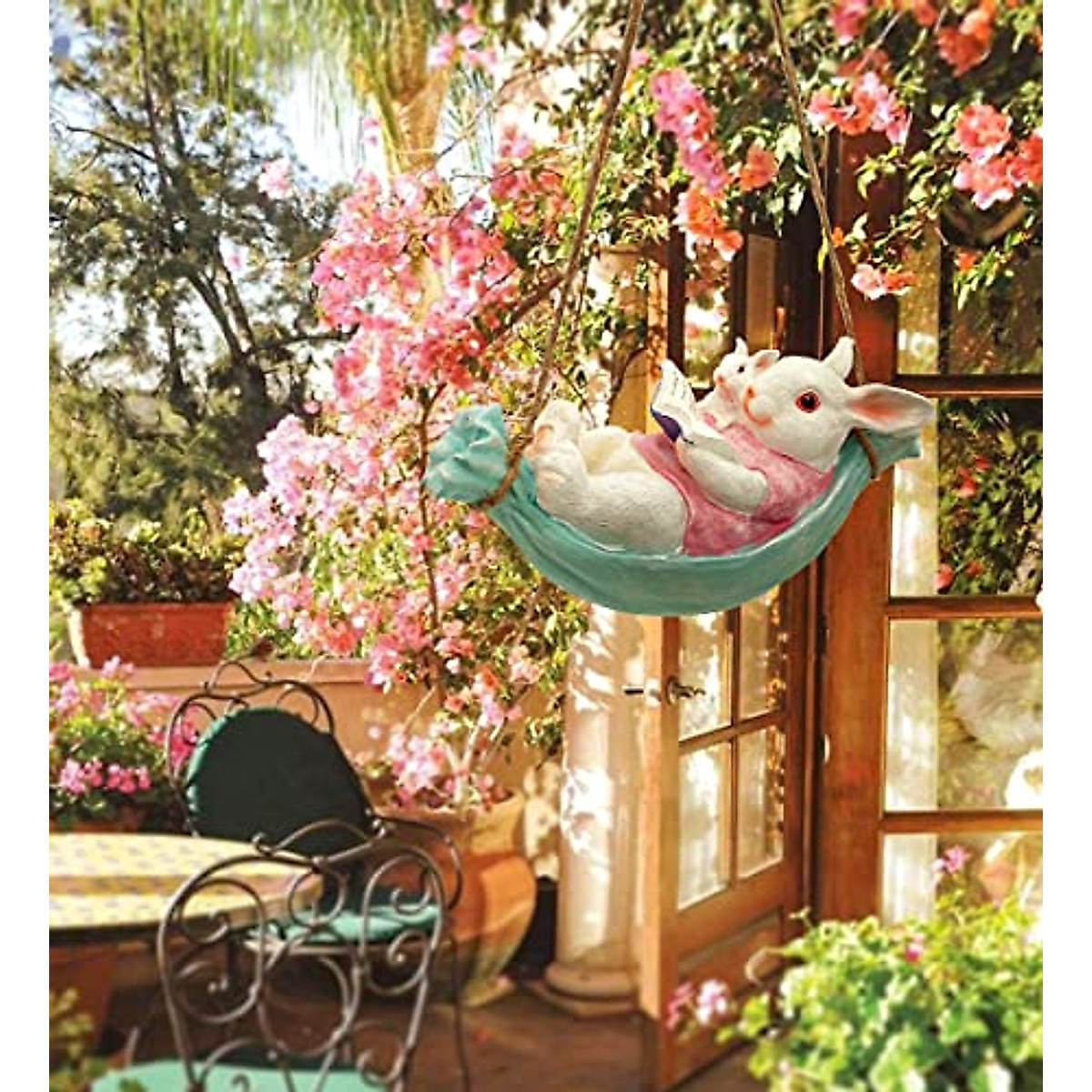 Usupgift Pink Swing Rabbit Garden Statues Cute Rabbit Figures Tree Hanging Sculpture (8.9"X4.3"X 3.9") for Outdoor Décor Garden Patio Yard Lawn