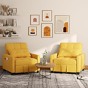 Aiho Convertible Sleeper Sofa Chair Bed, 3-in-1 Adjustable with Pillow & Pocket - Multi-Functional in Modern Linen Fabric for Apartment, Yellow