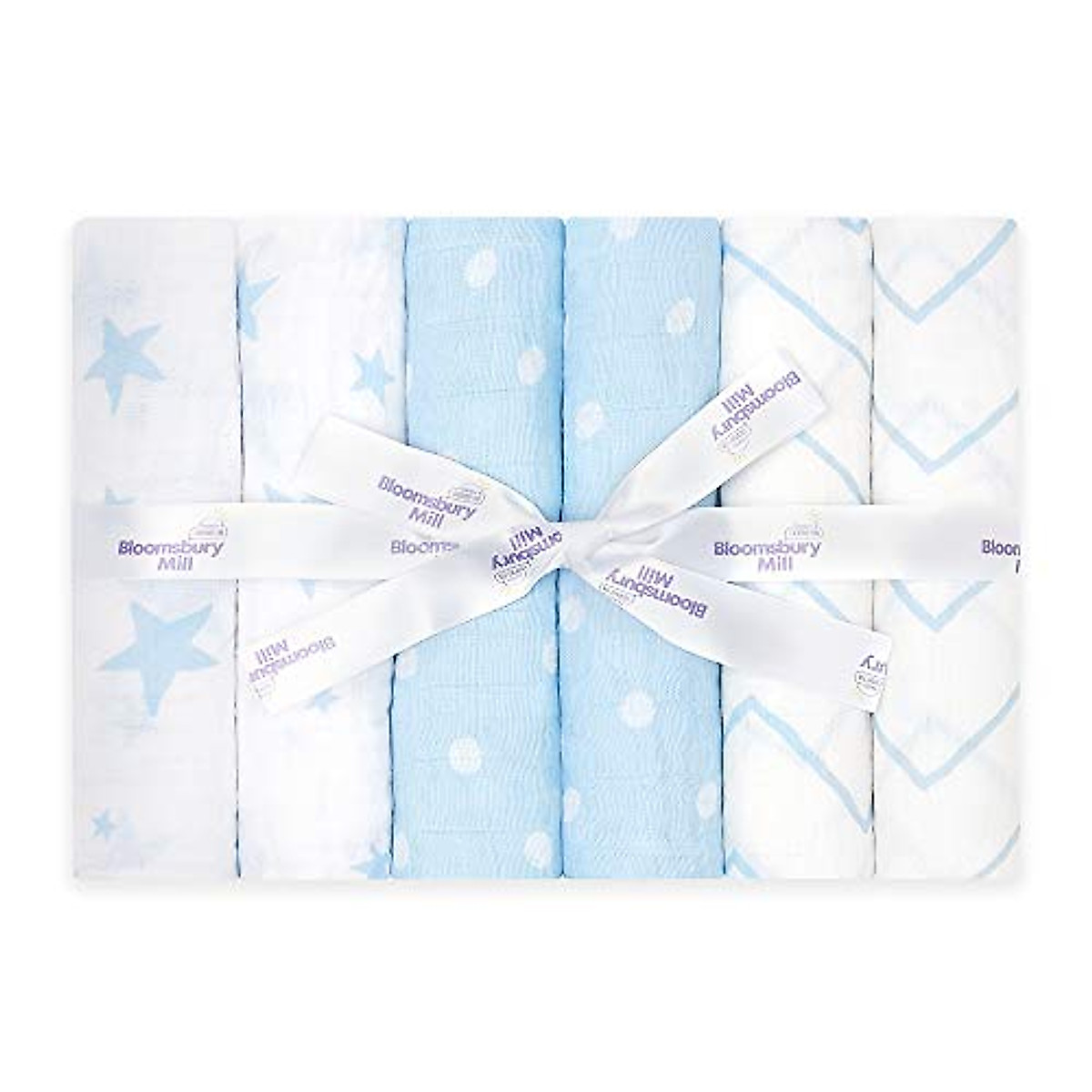 Bloomsbury Mill - Pack of 6 Super Soft Muslin Receiving Blankets - 100% Certified Organic Cotton in Gifting Ribbon Stars, Chevrons & Polka Dots Designs - Blue & White - 28" x 28"