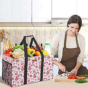 MHOMER Reusable Grocery Bags Extra Waterproof Large Tote Bag with Carrying Handles Reinforced Bottom Durable Oxford Fabric Foldable Shopping Bags for Storage Space Saving Red Heart Pattern