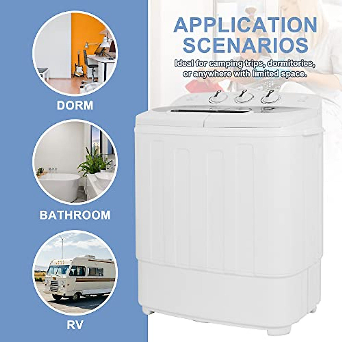 SUPER DEAL Compact Mini Twin Tub Washing Machine, Portable Laundry Washer w/Wash and Spin Cycle Combo, Built-in Gravity Drain, 13lbs Capacity for Camping, Apartments, Dorms, College Rooms, RV’s and more