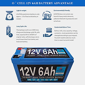 OCELL 12V 6Ah Lithium Iron Phosphate Battery, Rechargeable LiFePo4 Battery with 10 Years Lifetime, Low Self-Discharge for Kid Scooters, Security Alarm, Power Wheel, Fish Finder, Emergency Lighting