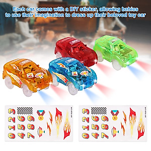 4 Pack Track Cars Magic Toy Car Glow in The Dark Cute Race Cars Replacement Track Accessories Car with 5 Flashing LED Lights Compatible with Most Tracks Set as for Kids Boys and Girls